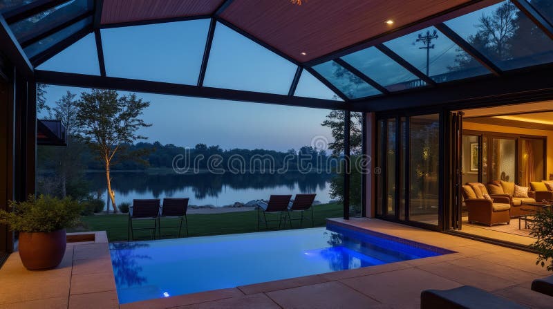 Atrium with Views of a Solar-Lit Lake Stock Image - Image of ...