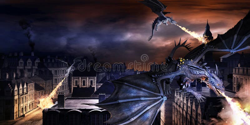 Attack of blue dragons stock illustration. Illustration of fairytale ...