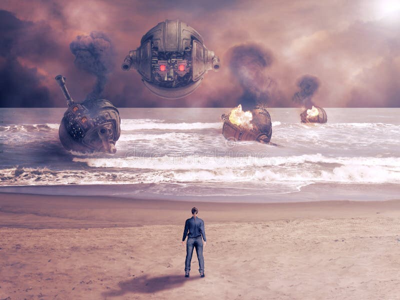 Attack of Combat Robots in Futuristic Battle at War. Science Fiction ...