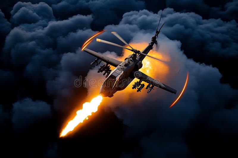 An Attack Helicopter Launching a Missile at a Target Below, with the ...