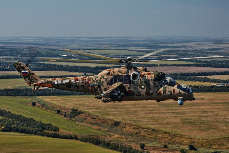 Attack Helicopter Mi-35P in Flight, View from a Parallel Helicopter ...