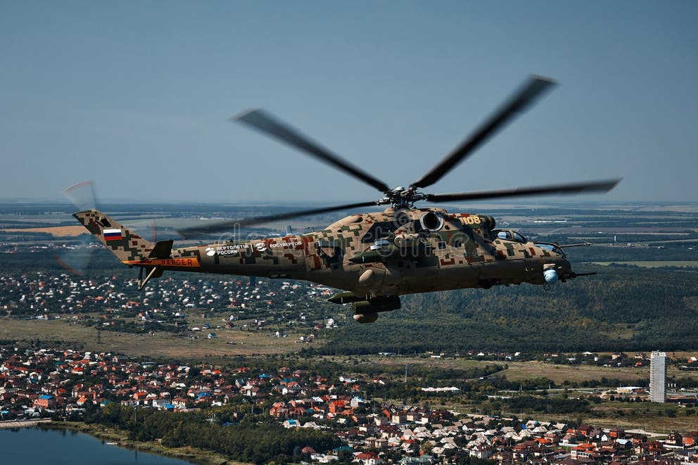 Attack Helicopter Mi-35P in Flight, View from a Parallel Helicopter ...