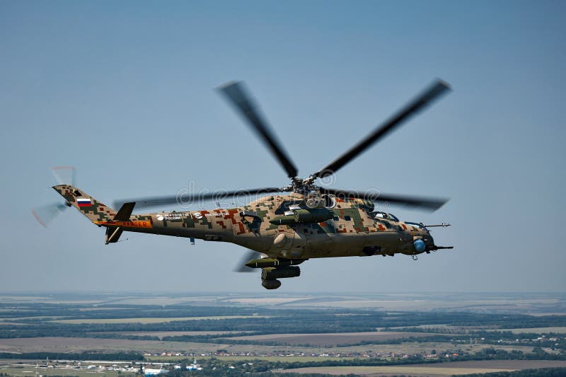 Attack Helicopter Mi-35P in Flight, View from a Parallel Helicopter ...