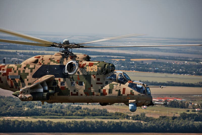 Attack Helicopter Mi-35P in Flight, View from a Parallel Helicopter ...