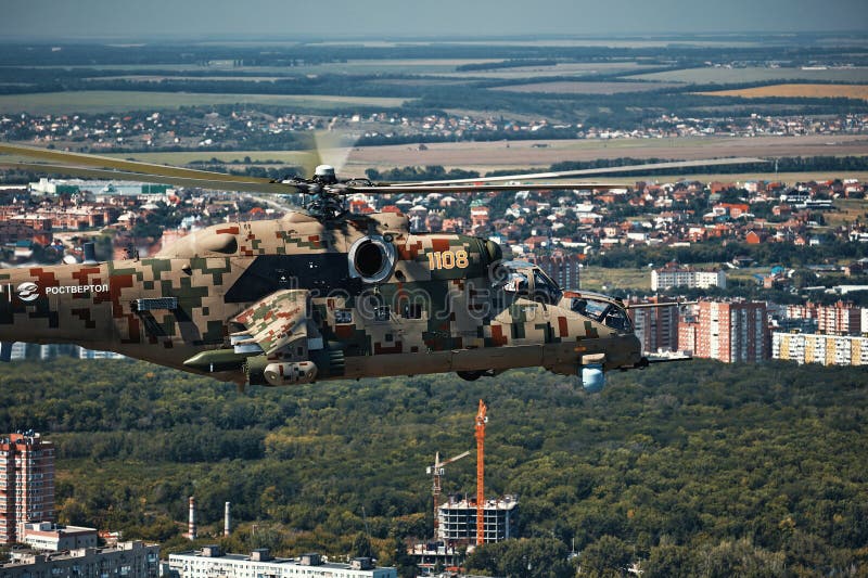Attack Helicopter Mi-35P in Flight, View from a Parallel Helicopter ...