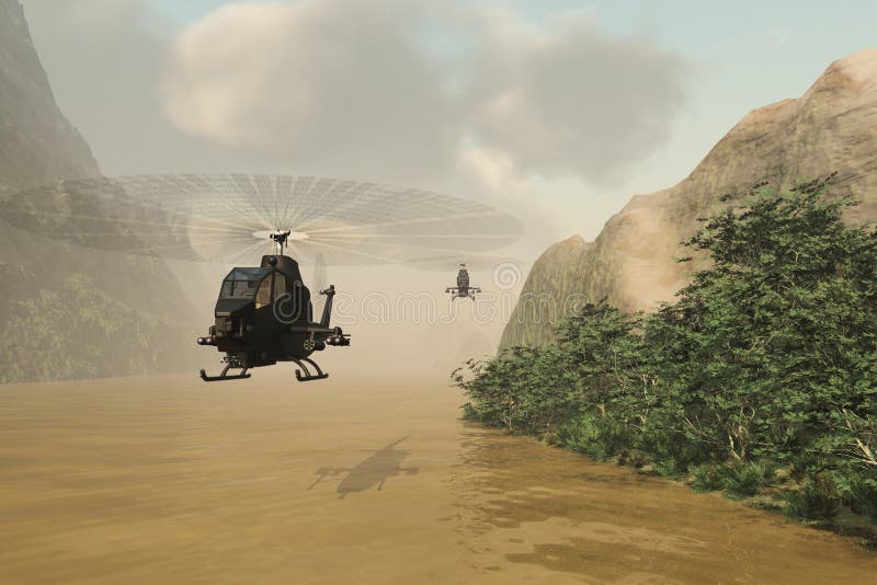 Attack Helicopters on Covert Mission Stock Illustration - Illustration ...
