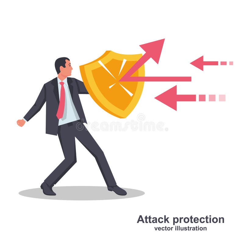 Attack Protection. Businessman Holds a Shield Defending from Attacks ...
