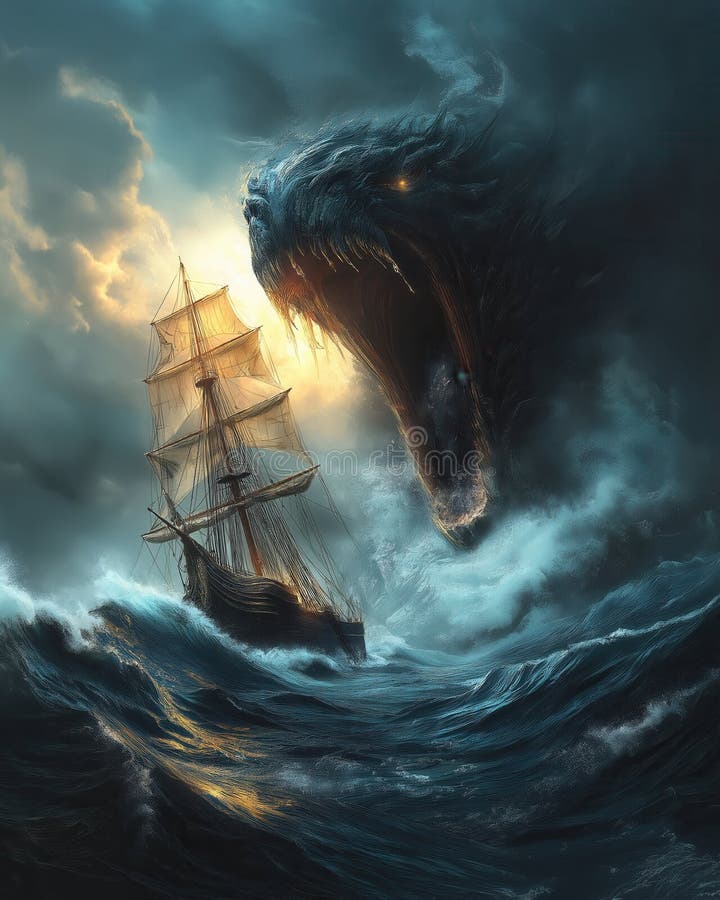 Attack of a Sea Monster on a Sailing Ship in a Storm. Stock Image ...