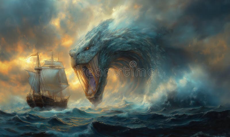 Attack of a Sea Monster on a Sailing Ship in a Storm. Stock Image ...