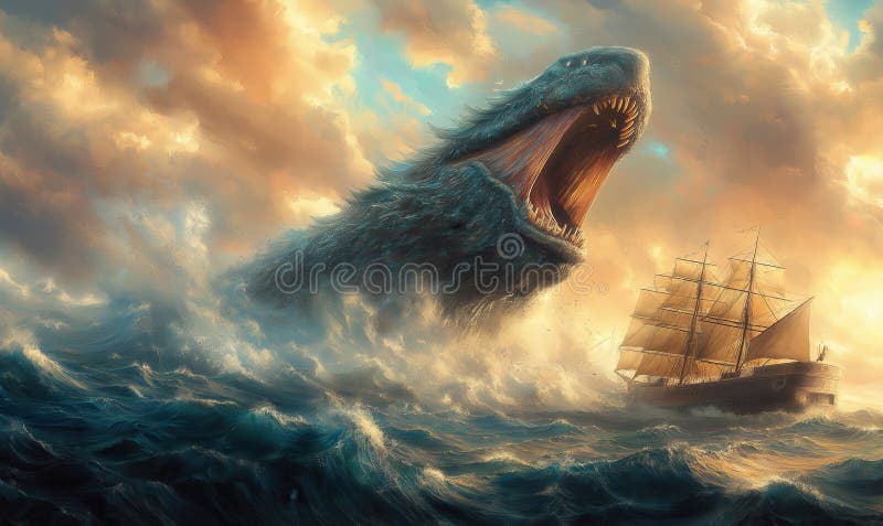 Attack of a Sea Monster on a Sailing Ship in a Storm. Stock Image ...