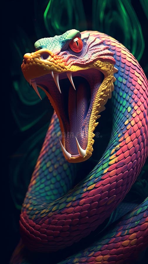 Attack of the Snake Rainbow Snake on a Dark Background Stock ...