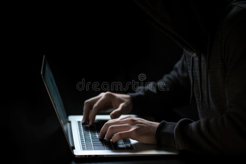 Attacker Hacker Man In Black Steals Data From Laptop In Dark Room