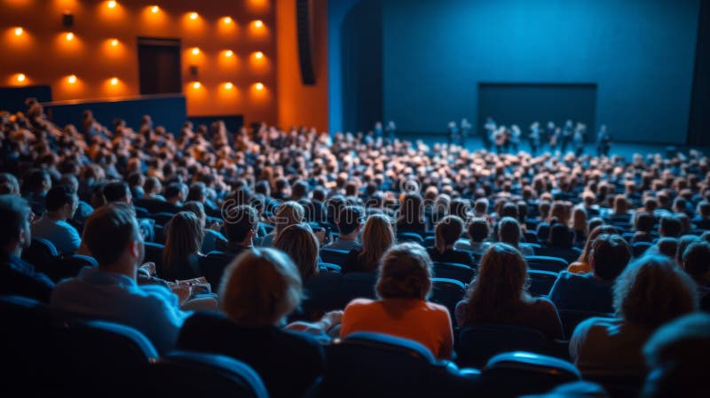 Attendees Watching a Show in a Modern Hall with Stage Lights. Stock ...