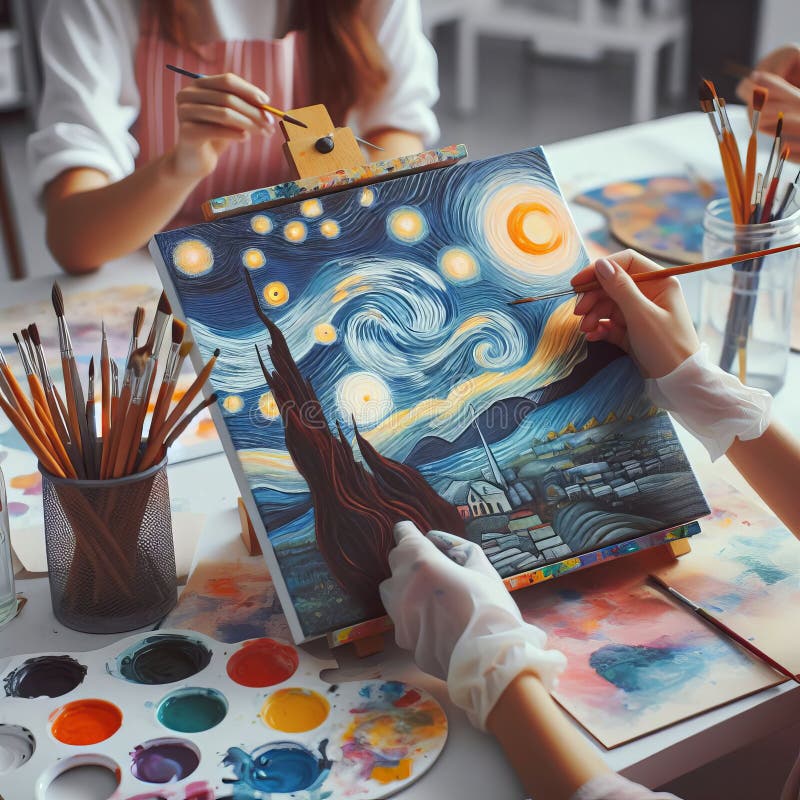 Attending a Painting Class Learning Artistic Techniques and Cr Stock ...