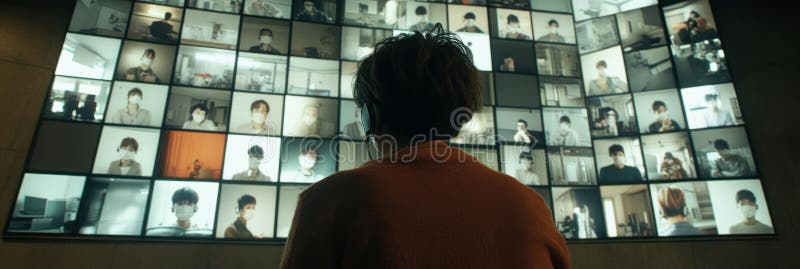Attending Virtual Gathering with Screen Displaying Many Individuals at ...