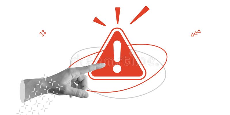 Attention, Alert, and Danger. Hand Points Towards Red Warning Symbol ...