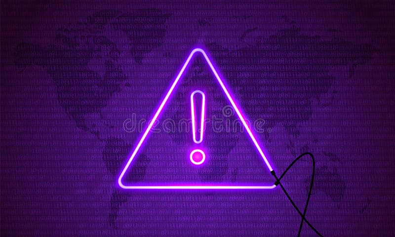 Attention Danger Hacking. Neon Symbol on Map Purple Background ...