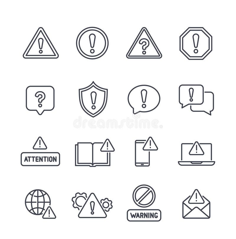 Attention Line Icons Set. Caution, Alert and Warning Signs with ...