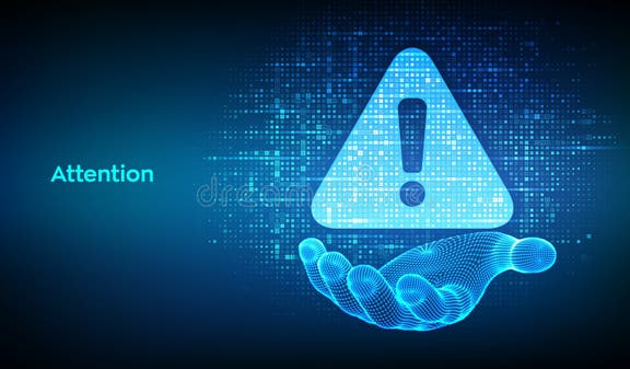 Attention Symbol Made with Binary Code in Wireframe Hand. Danger Sign ...