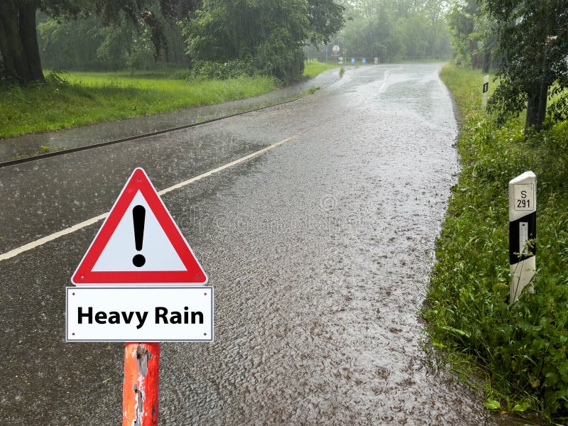 Attention Warning Sign Heavy Rain on the Street, Symbol Image Stock ...