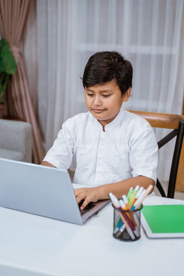 Attentive Boy Using a Laptop while Sitting at Desk Stock Photo - Image ...