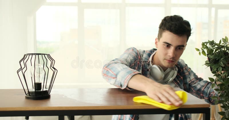 Attentive Caucasian Man Dusting Carefully Stock Video - Video of ...