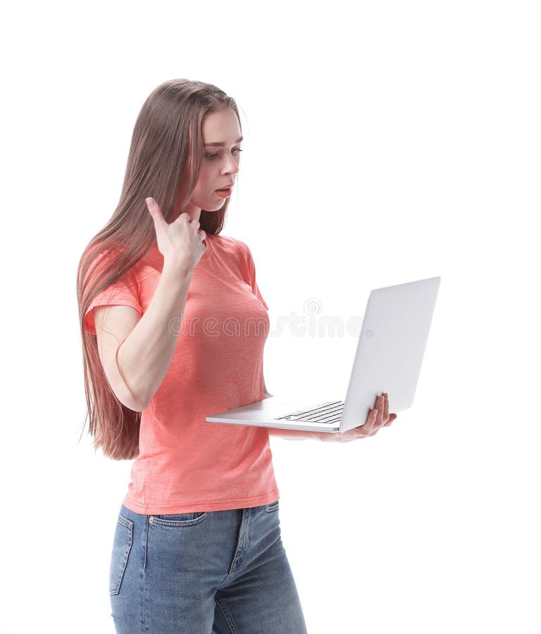 Girl Student with Laptop. Isolated on White Stock Image - Image of ...
