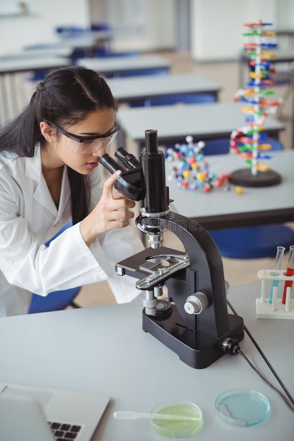 Attentive Schoolgirl Looking through Microscope in Laboratory Stock ...