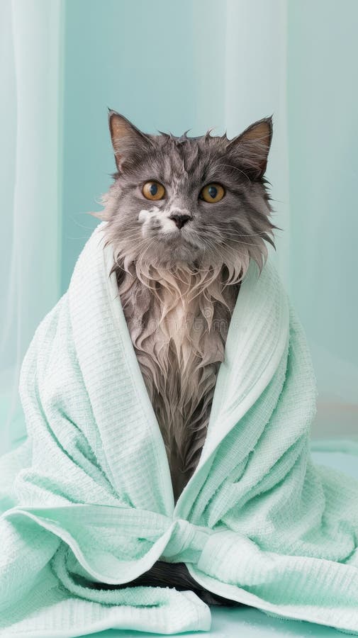 Attentive Wet Gray Tabby Cat Wrapped in Towel after Bath Stock ...