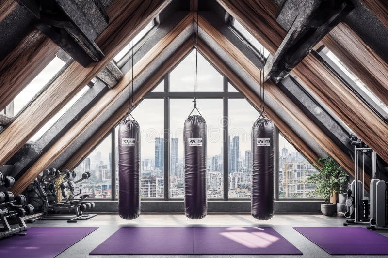Attic Gym with City View stock illustration. Illustration of training ...