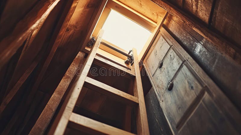 Attic Hatch or Loft Door is Opened with Handle. Loft Sliding Ladder ...