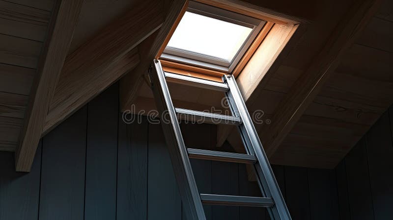 Attic Hatch or Loft Door is Opened with Handle. Loft Sliding Ladder ...