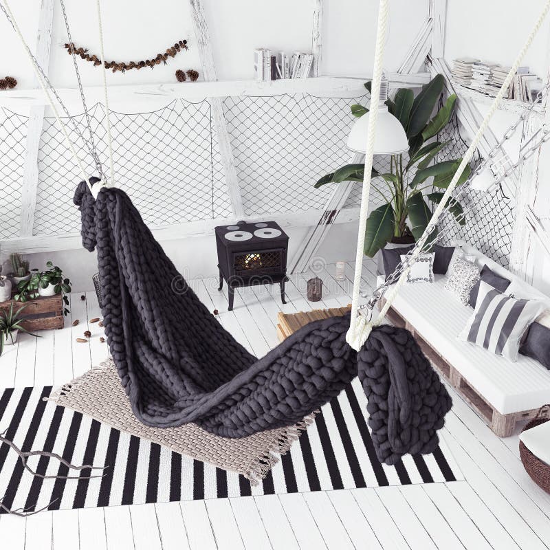 Attic Interior Design Idea with Hammock, Scandinavian Boho Style Stock ...