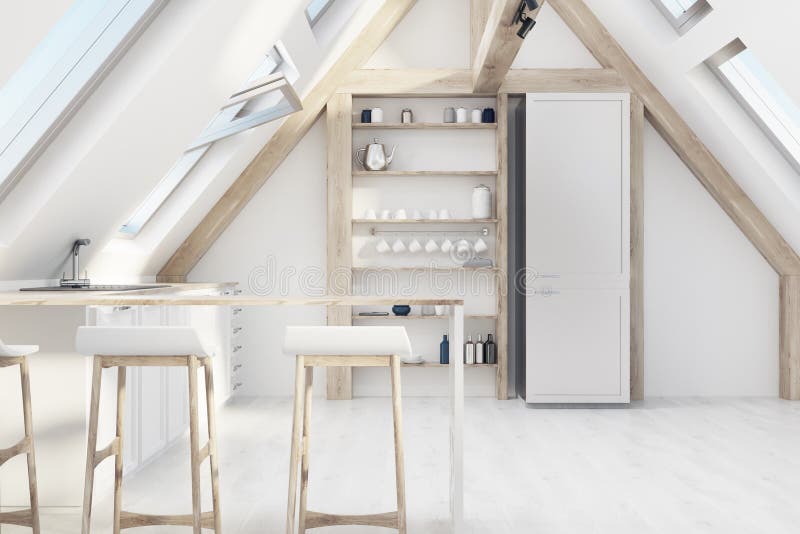 Attic kitchen with a bar stock illustration. Illustration of appliances ...