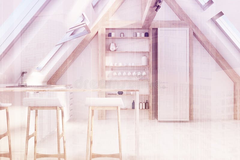 Attic Kitchen with a Bar Toned Stock Illustration - Illustration of ...