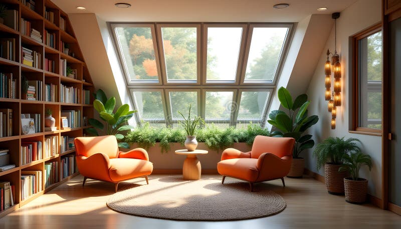 Attic Library with Comfortable Seating and Abundant Natural Light Stock ...
