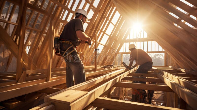 Attic Renovation Concept. Company of Workers on Building Under ...