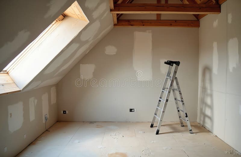 Attic Renovation in Progress. Drywalls Plastering, Home Interior ...