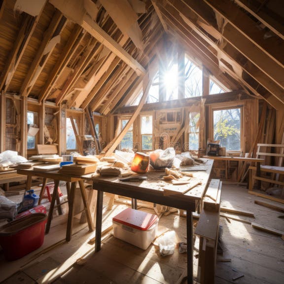 Attic Renovation Project with Exposed Wooden Beams and Sunlight Streaming in through the Windows ...