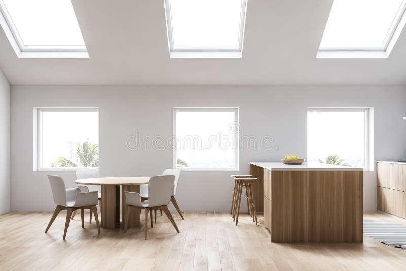 Attic White Kitchen with Bar and Table, Side View Stock Illustration ...