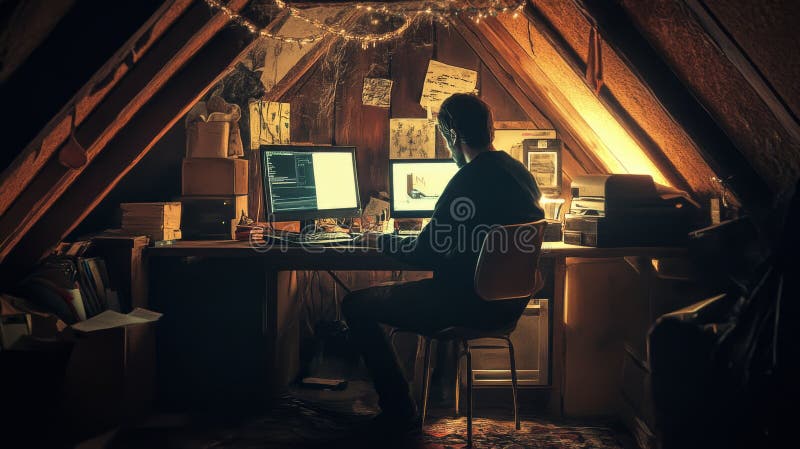 Attic Workspace with Ambient Lighting and Tech Setup for Programming ...