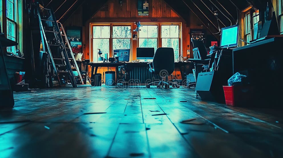 Attic Workspace, Computers, Wood Floor, Snowy View, Design Stock Image ...