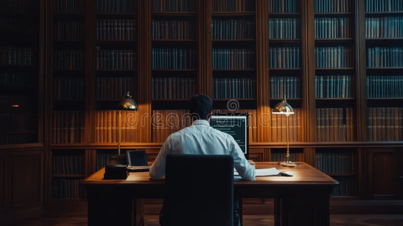 Attorney Using AI for Legal Analytics in a Modern Library Setting Stock ...