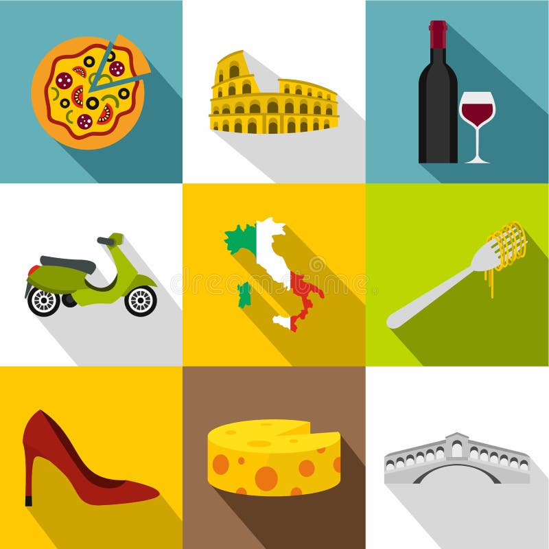 Attractions of Italy Icons Set, Flat Style Stock Illustration ...