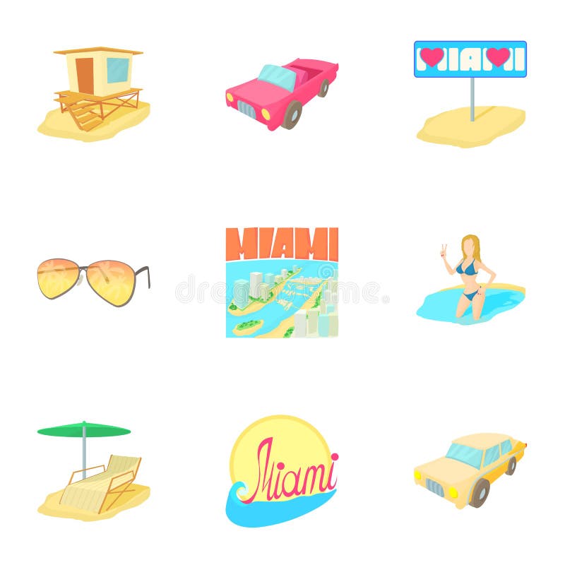 Attractions of Miami Icons Set, Cartoon Style Stock Vector ...