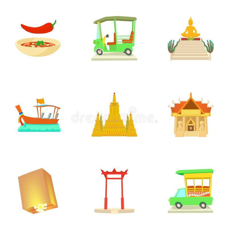 Attractions of Thailand Icons Set, Cartoon Style Stock Vector ...