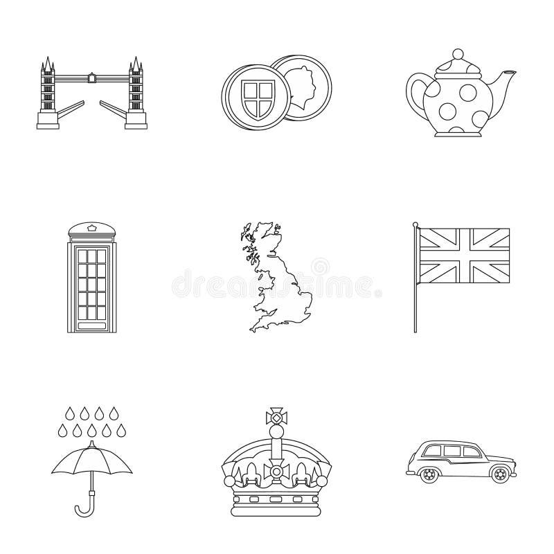Attractions of United Kingdom Icons Set Stock Vector - Illustration of ...