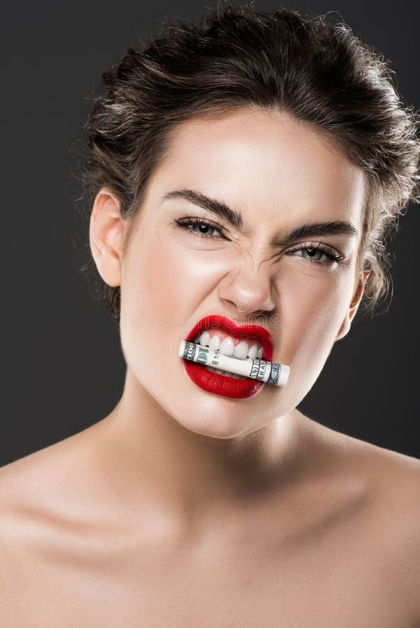Attractive Aggressive Girl Holding Dollar Banknote in Teeth Stock Image ...