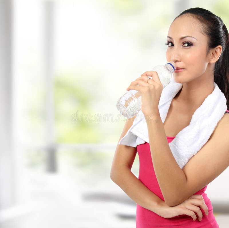 Attractive Asian Smiling Woman Drinking Water Stock Image - Image of ...