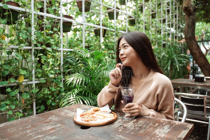Asian Woman Enjoy Lunch by Herself Stock Image - Image of contemplating ...